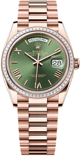2025 Rolex Day-Date 36mm Olive Green Dial Diamond Bezel 128395TBR