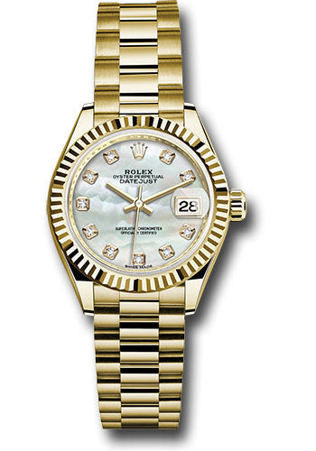 Rolex Yellow Gold Lady-Datejust 28 Watch - Fluted Bezel - Mother-of-Pe